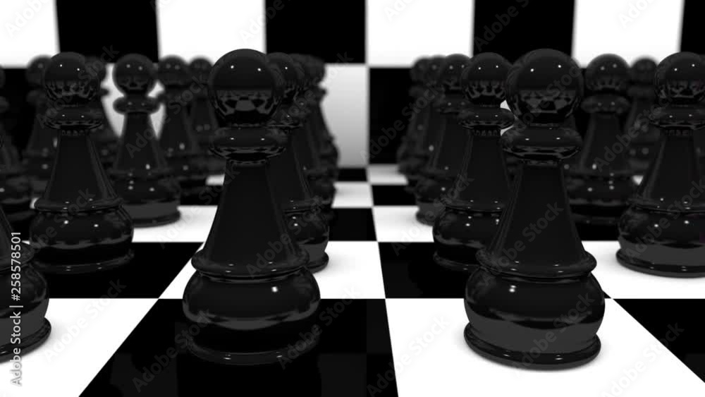 3D animation of uniqueness and individuality concept. Black color pawns ...