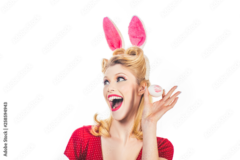 Easter woman. Woman wearing a mask Easter bunny and looks very ...