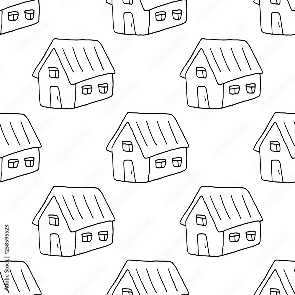Sweet house pattern with hand drawn houses. Cute vector black and white ...