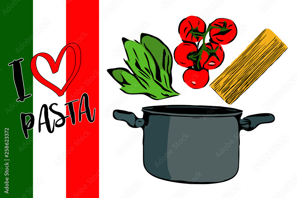 Black I love Pasta text with red heart. Green herbs, brunch of red ...