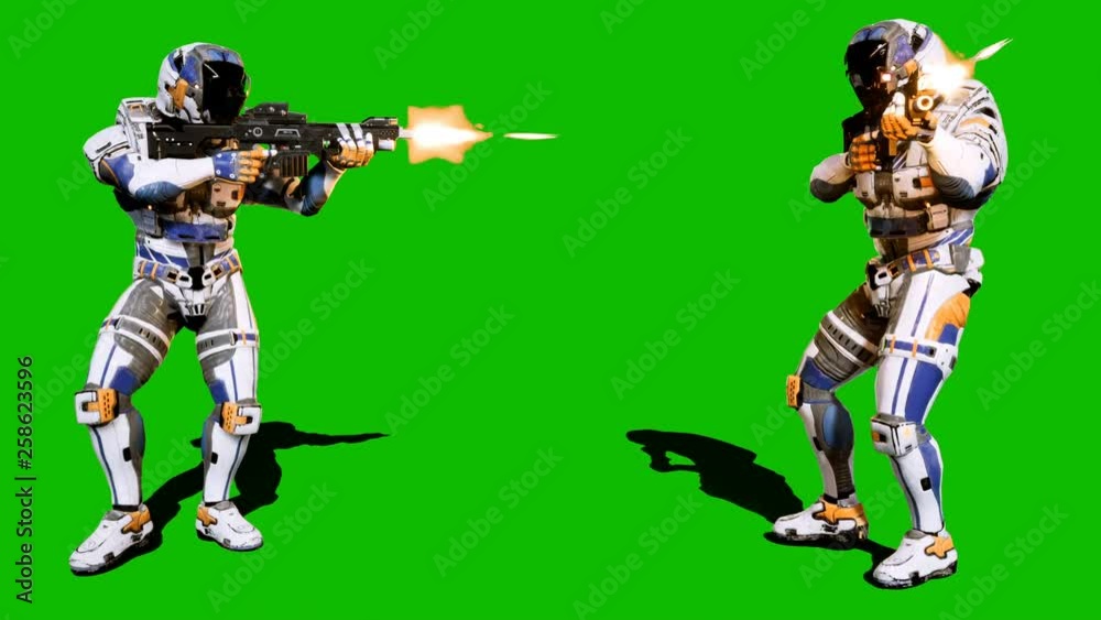 A lone soldier of the future attacks the enemy on the background of the ...