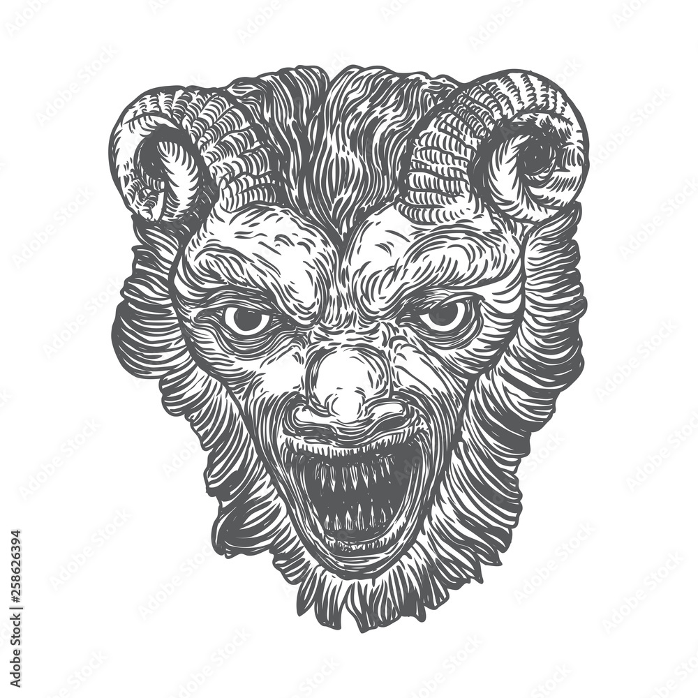Devil head with big demon horns or antlers and sharp fangs. Satan or ...