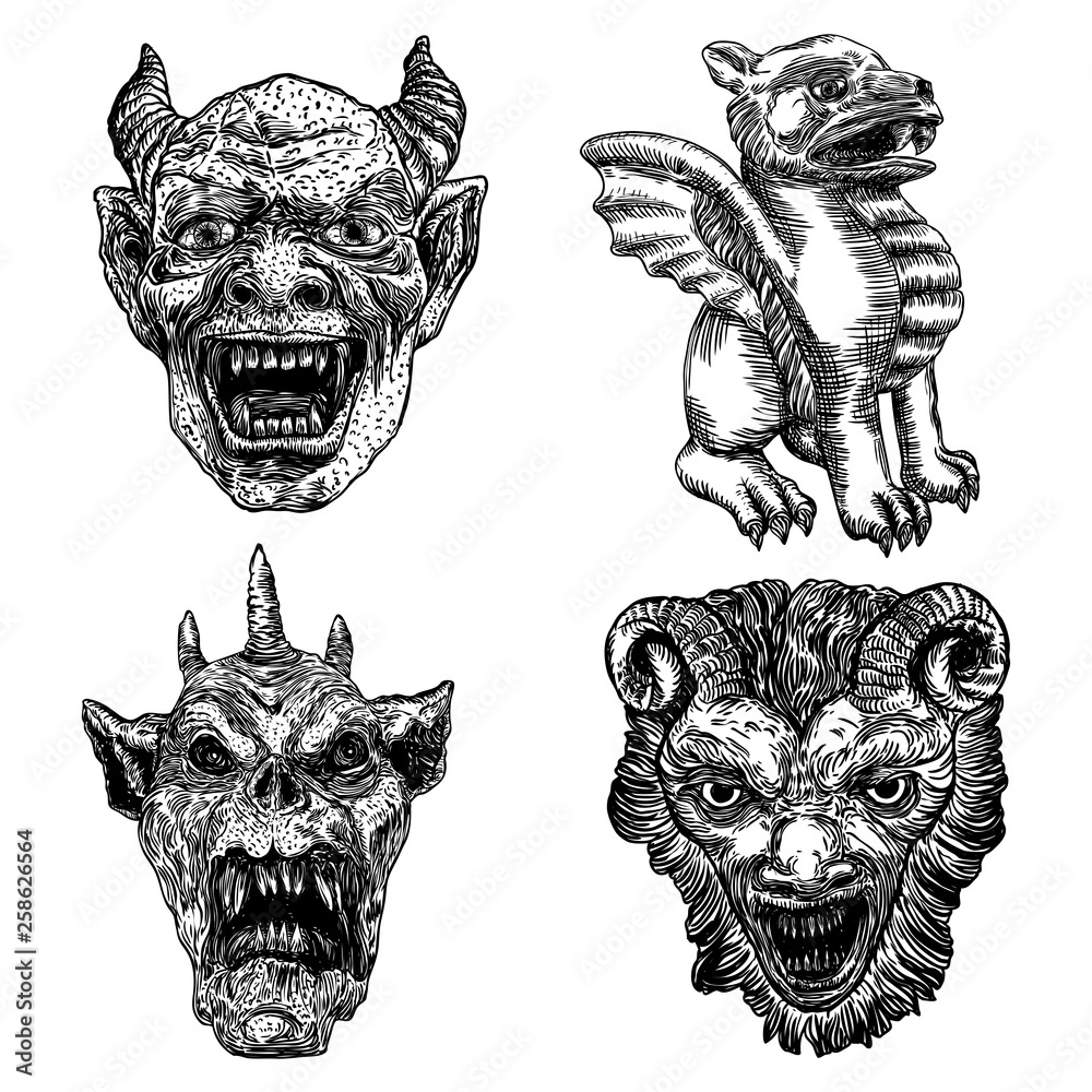 Set of devil head with big demon horns or antlers and sharp fangs ...