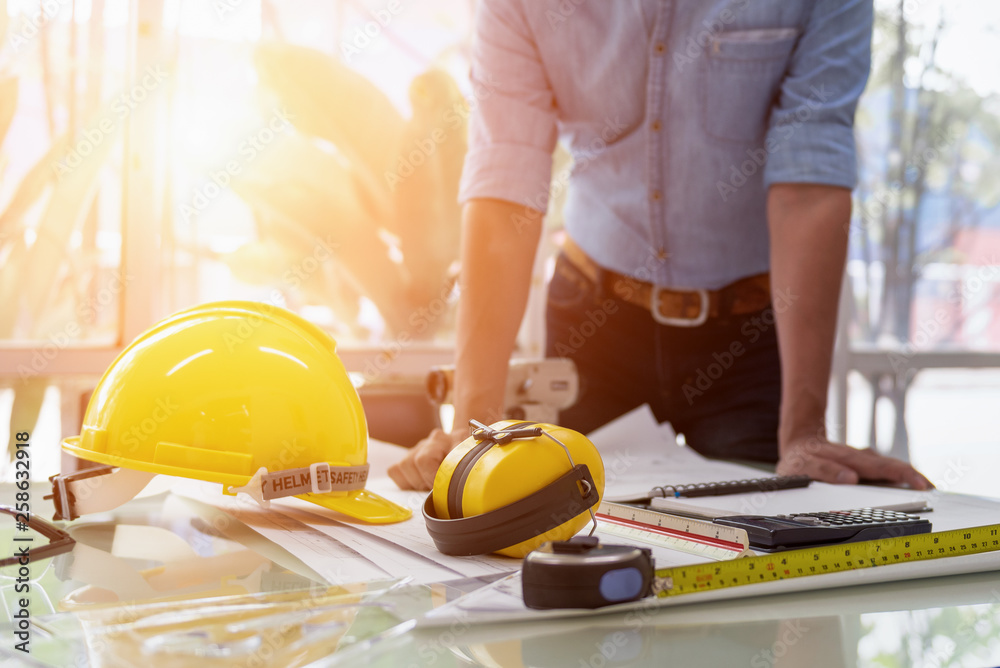 Engineer Designer People Drawing and Planning with Blueprint ...