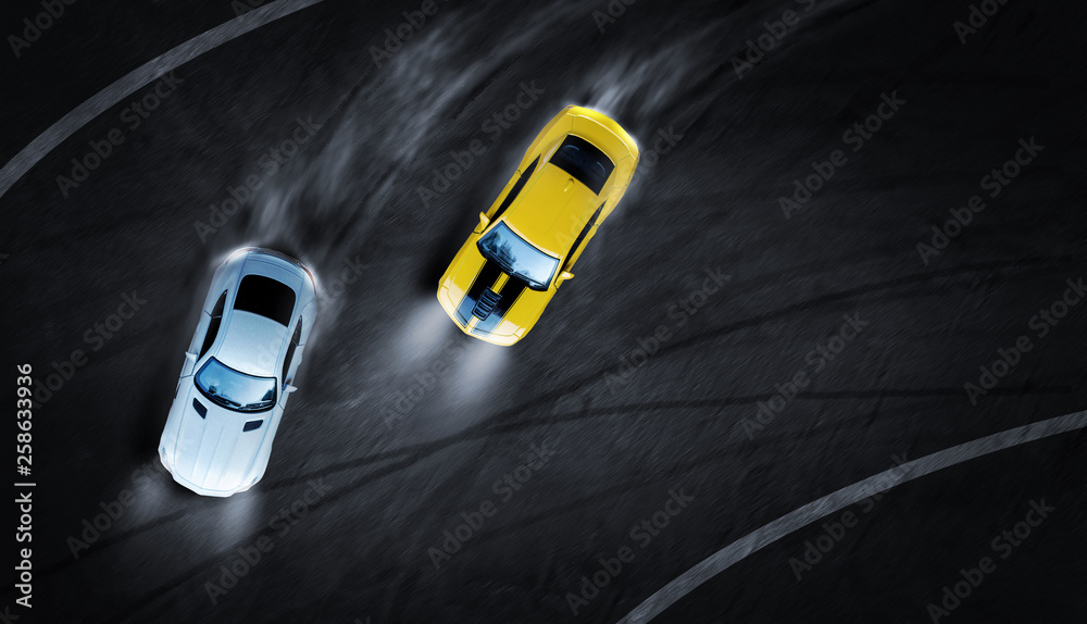 3D rendering aerial top view two cars drifting battle the night time on ...