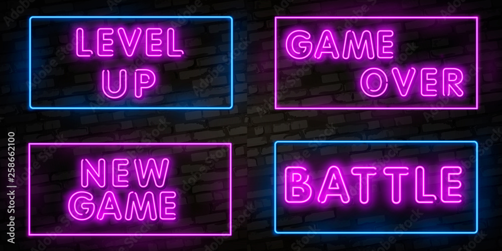 Realistic isolated neon sign of New Game, Level Up and Game Over ...