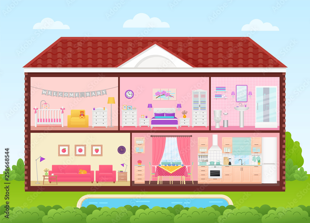 House cross section. Vector. Home inside with bedroom, living room ...
