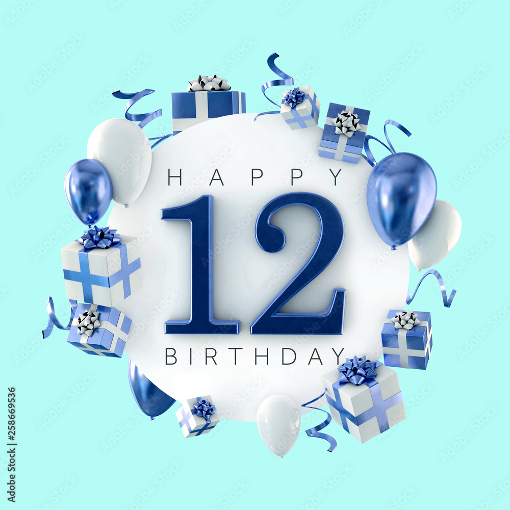 Happy 12th birthday party composition with balloons and presents. 3D ...