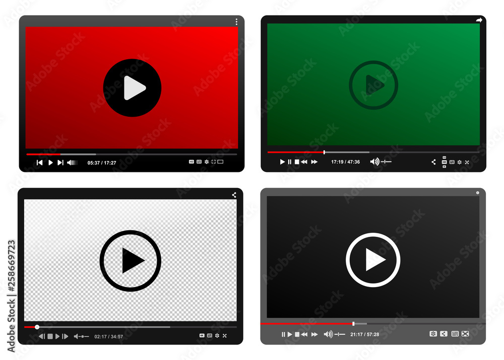 Set Of Modern Video Player. Black, Red, Green Design Template For Web ...