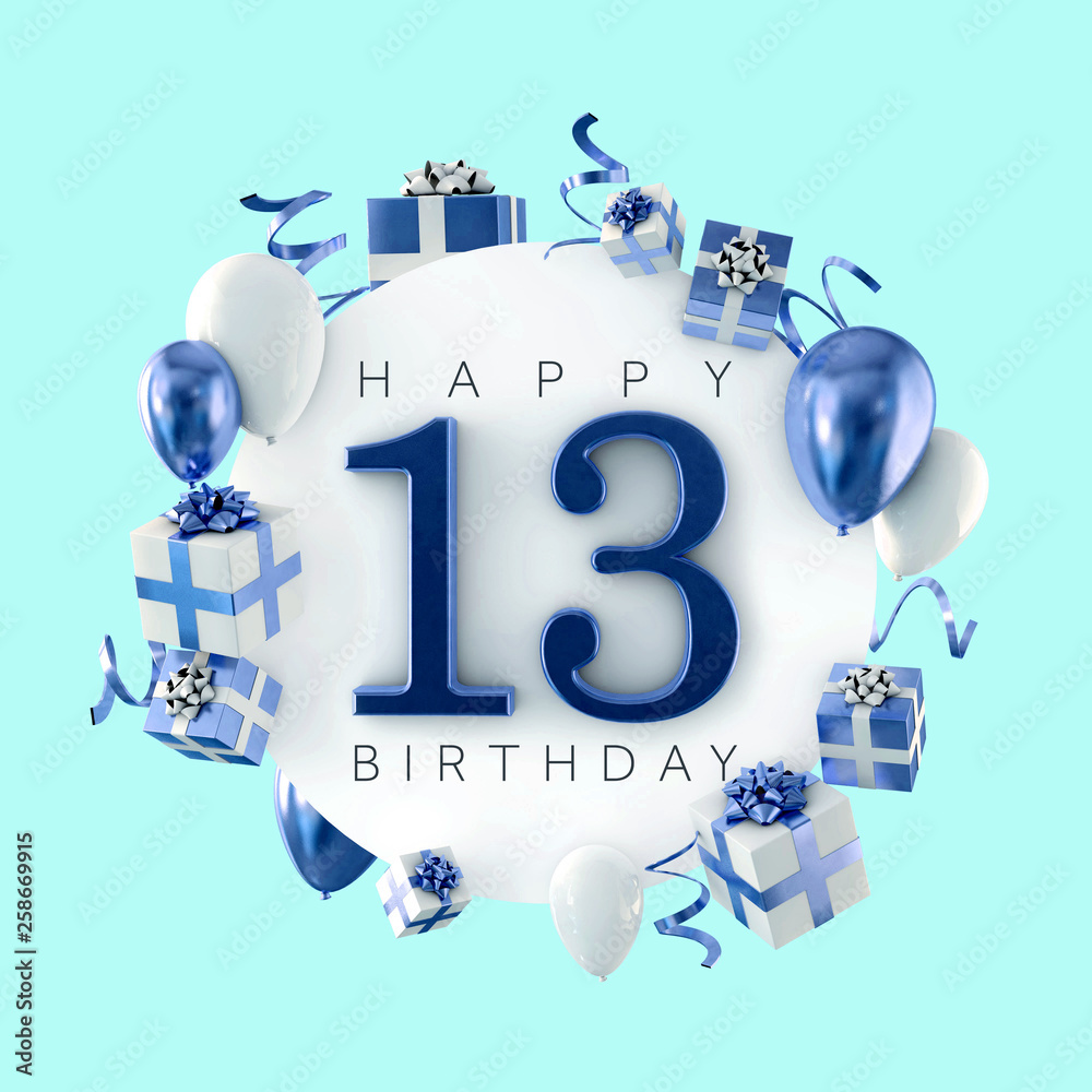 Happy 13th birthday party composition with balloons and presents. 3D ...
