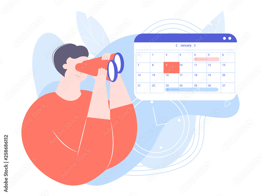 Nice guy looking through binoculars. Calendar with the selected date ...
