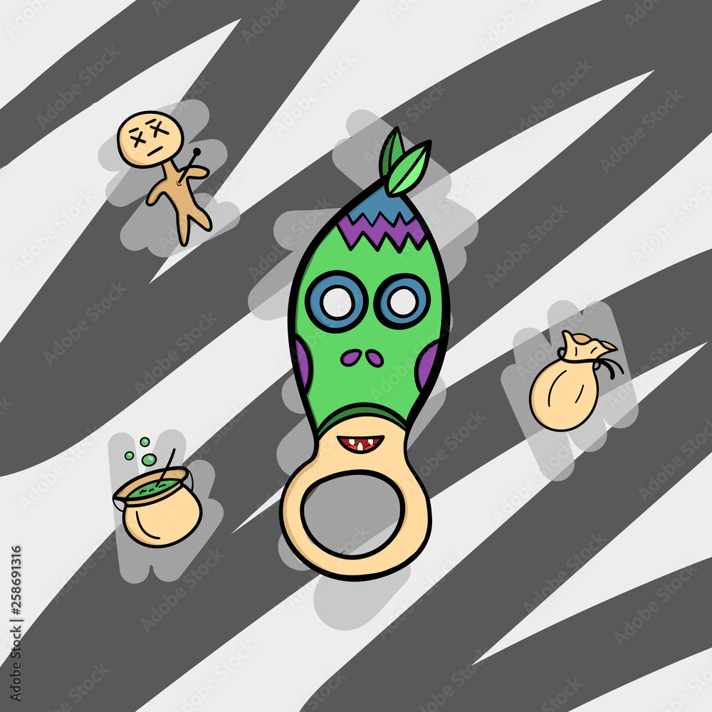 Cartoon voodoo mask and voodoo doll with poison and bag. Stock Vector ...