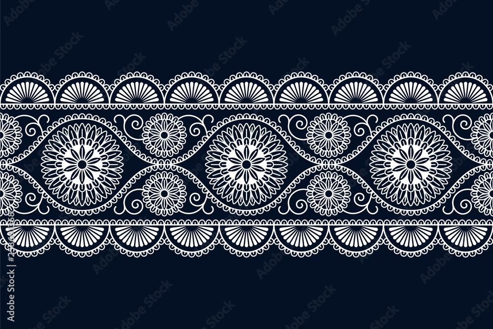 seamless vector white ethnic ornamented border design with flowers ...