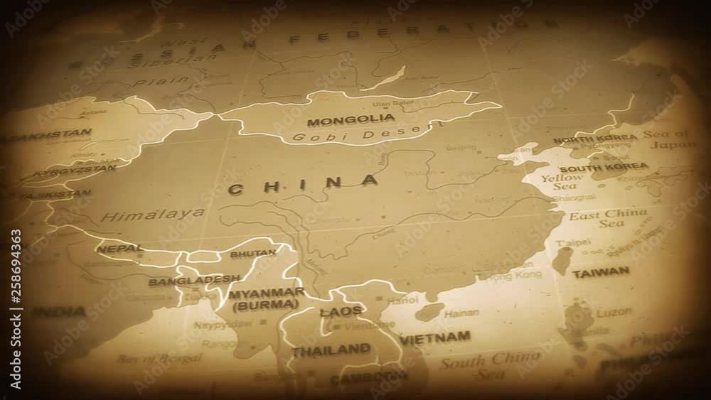 Vintage World Map Flight Over Background/ 4k animation of a vintage ...