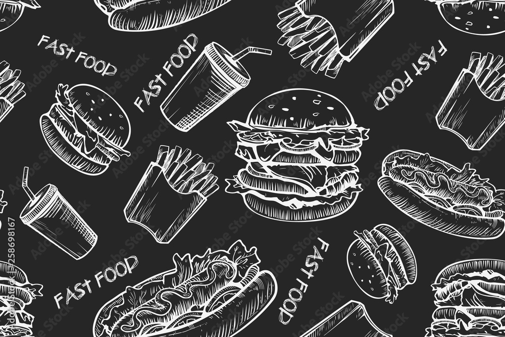 Burgers seamless pattern background. Hand drawn hamburger and french ...