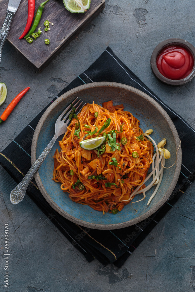 Indian mee goreng or mee goreng mamak, Indonesian and Malaysian cuisine ...