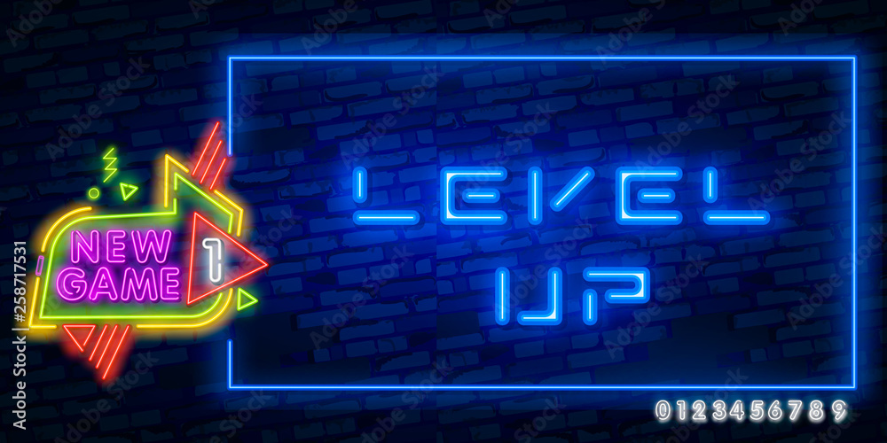 Level Up Neon Text Vector With Brick Wall Background. design template ...