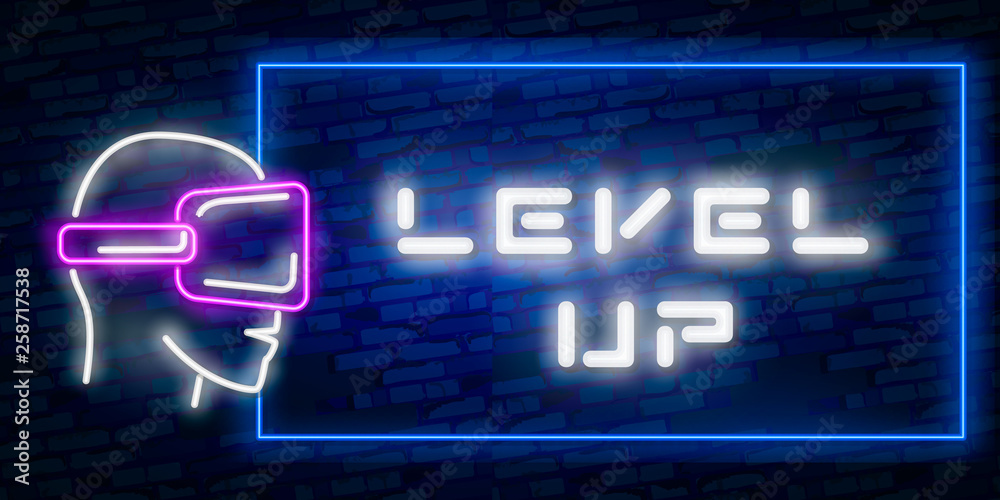 Level Up Neon Text Vector With Brick Wall Background. design template ...