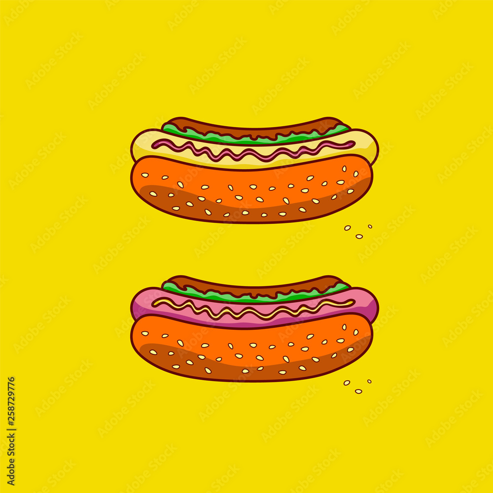 Two classic hot dog on a yellow background.Fast food. Junk food. Vector ...