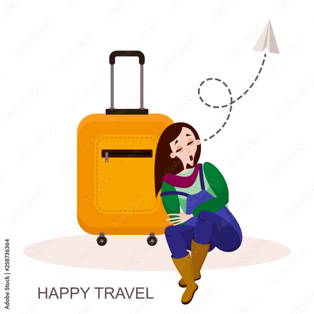 Ride, trip. Character traveler. A young tired girl dozed off on her ...