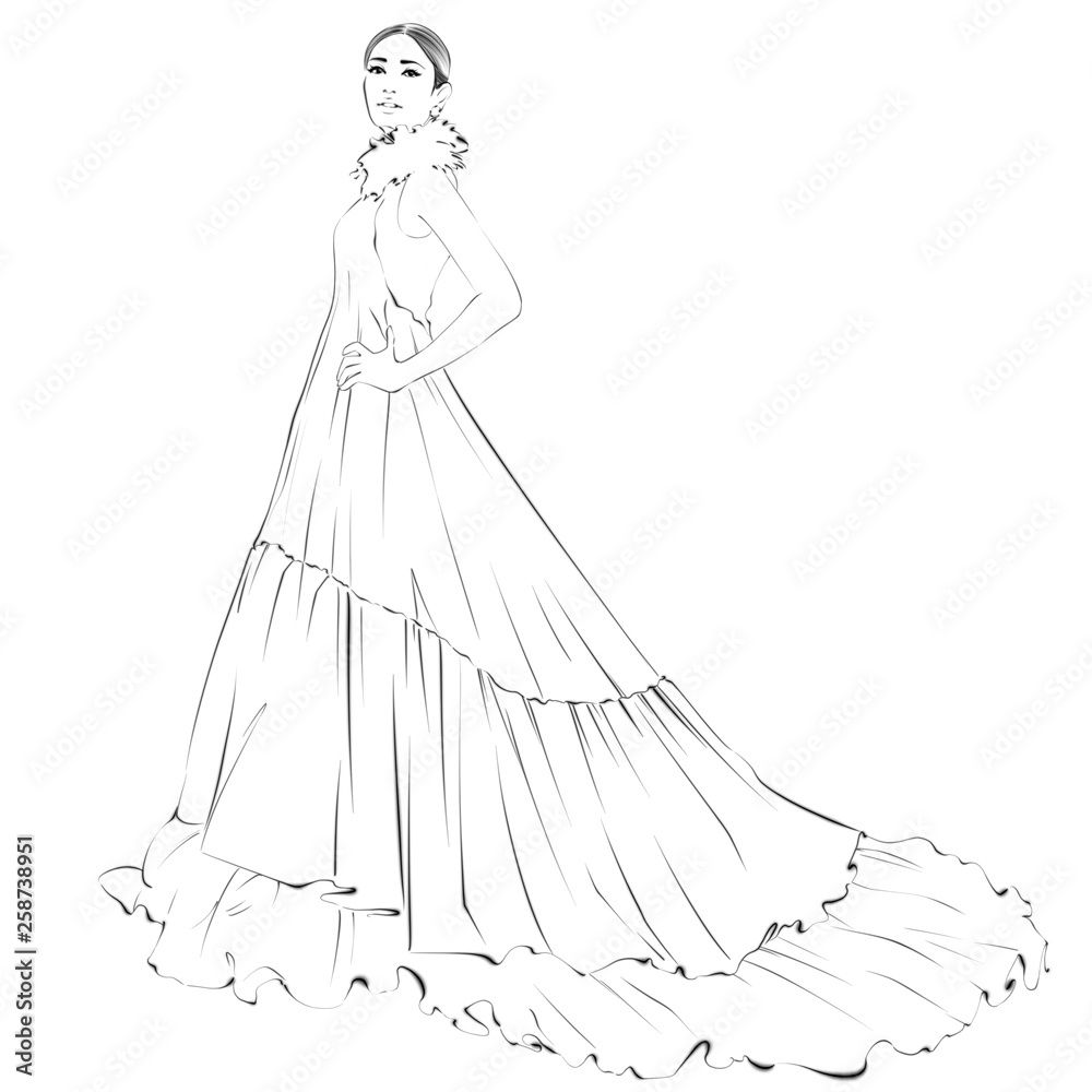 Outline sketch of an elegant young lady in a gorgeous dramatic long ...