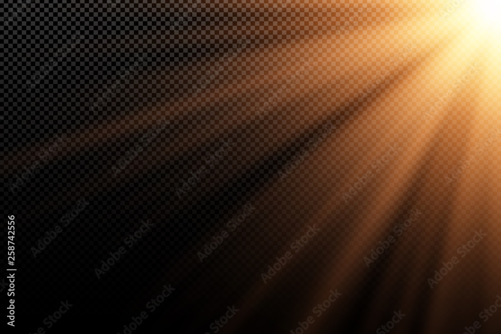 Stylish gold light effect on transparent dark background. Golden rays ...