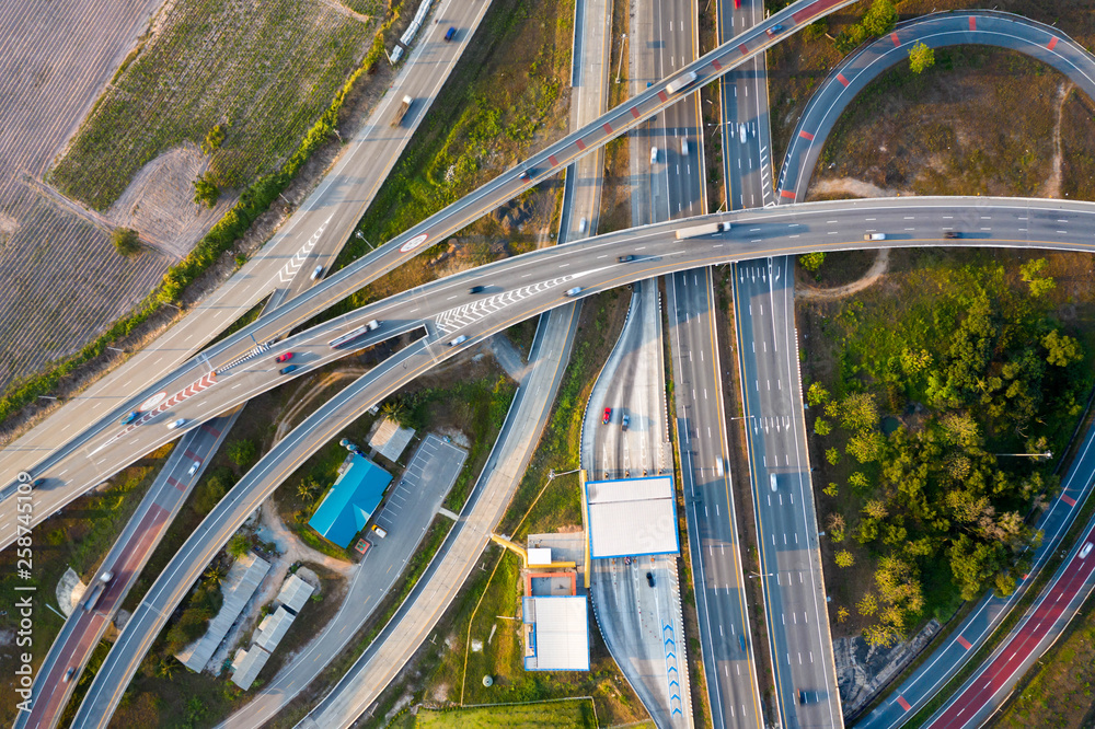 Aerial view and Top view. Traffic of expressways, motorways and ...
