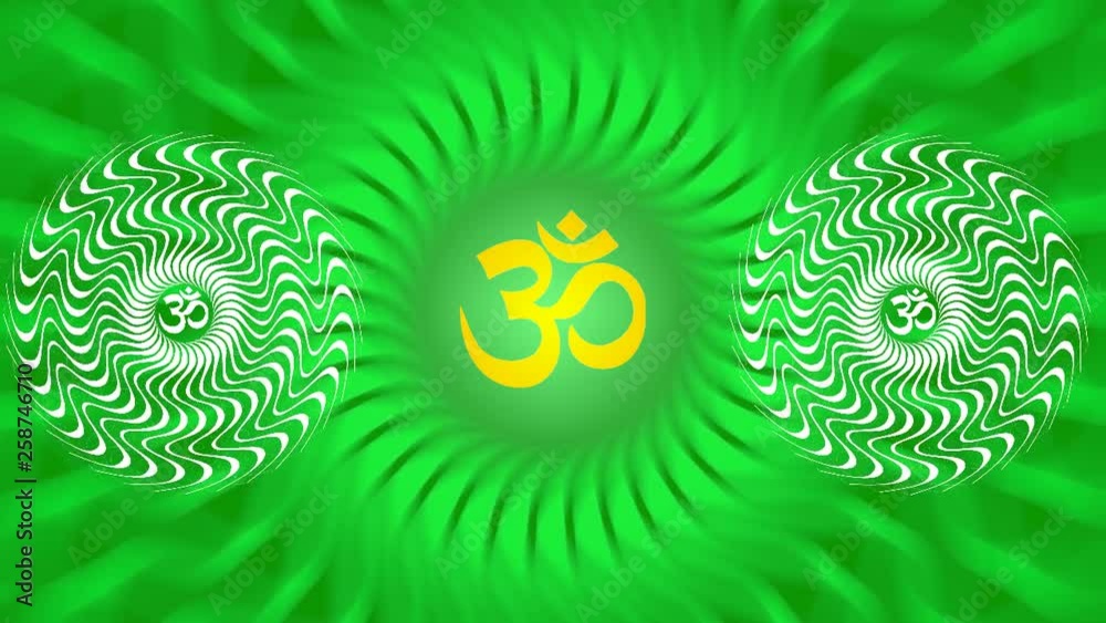 The rotation of the circular mandala in a green tone with the Aum / Ohm ...