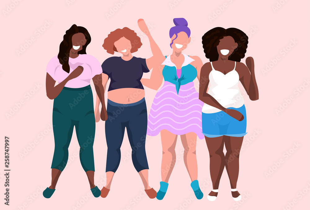 fat obese women group standing together mix race smiling overweight ...
