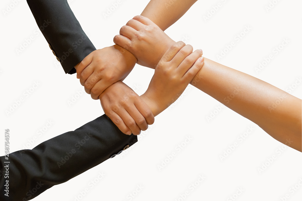 Businessmen coordinate hands, combine power to work together For ...