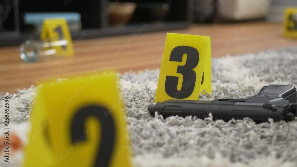 Gun at Violent Crime Scene in Home with Evidence Markers Stock Video ...