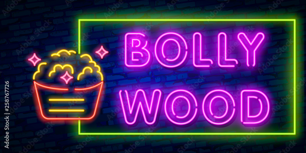 Vintage bollywood movie signboard. Glowing retro indian cinema neon ...