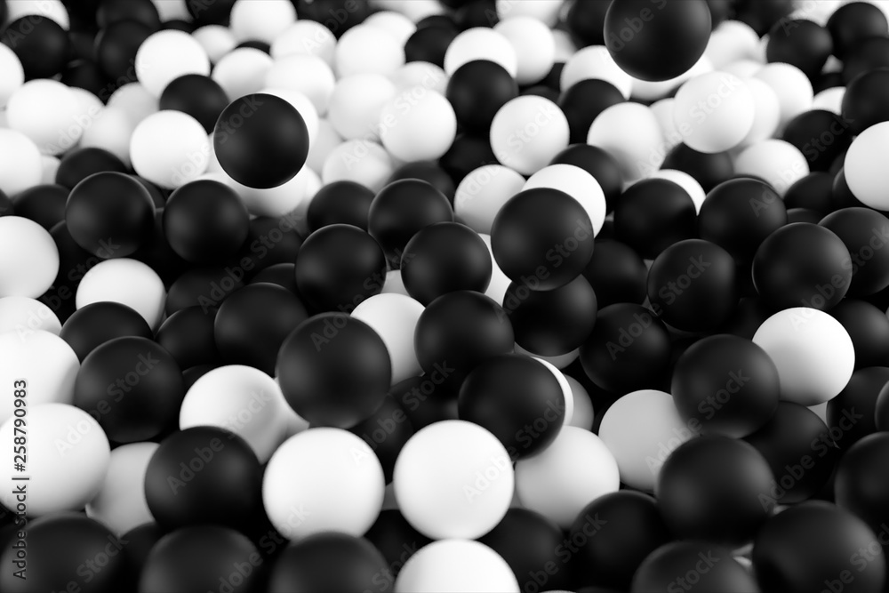 Black white 3D illustration from a pile of abstract spheres and balls ...