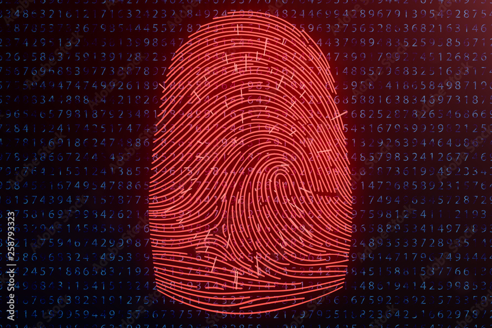 3D illustration Fingerprint scan provides security access with biometrics identification ...