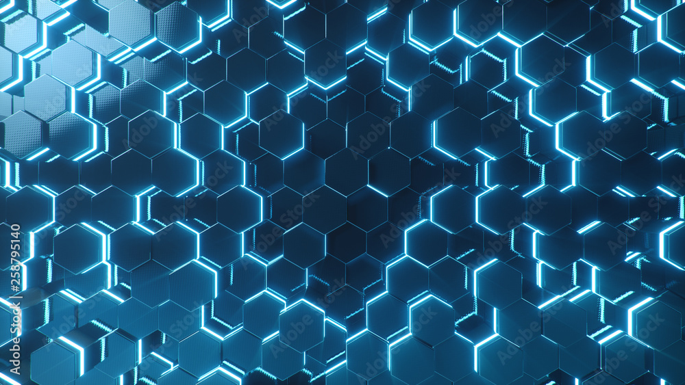 Abstract blue of futuristic surface hexagon pattern with light rays ...