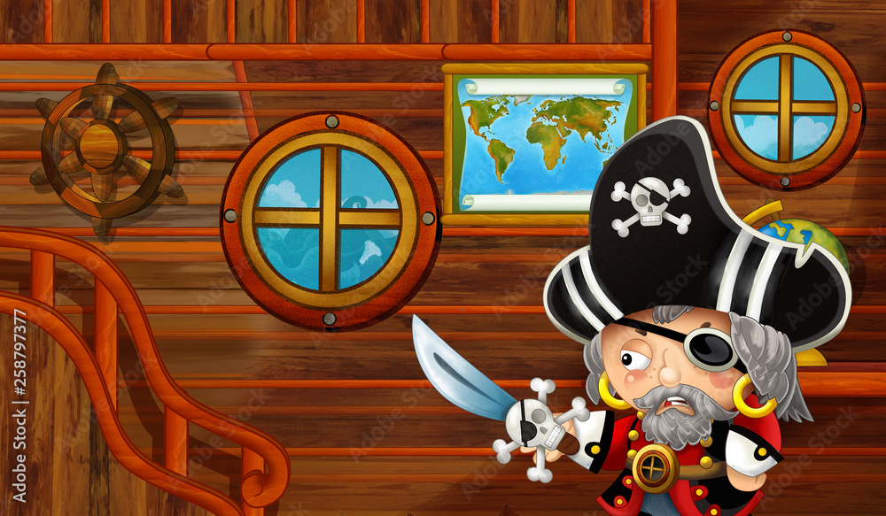 cartoon scene with pirate ship cabin interior with pirate boy sailing ...