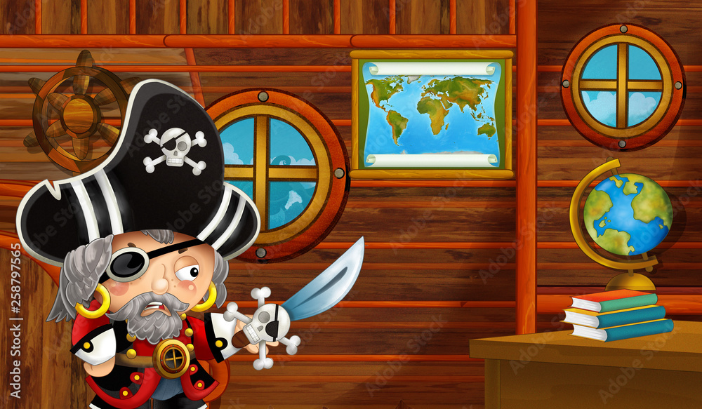 cartoon scene with pirate ship cabin interior with pirate boy sailing ...