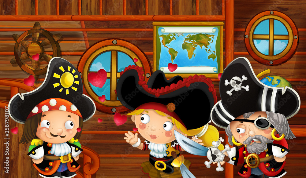 cartoon scene with pirate ship cabin interior with treasure and loving ...