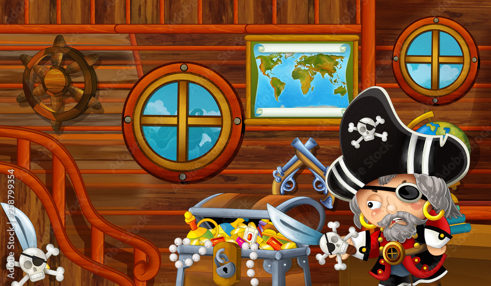cartoon scene with pirate ship cabin interior with pirate boy sailing ...