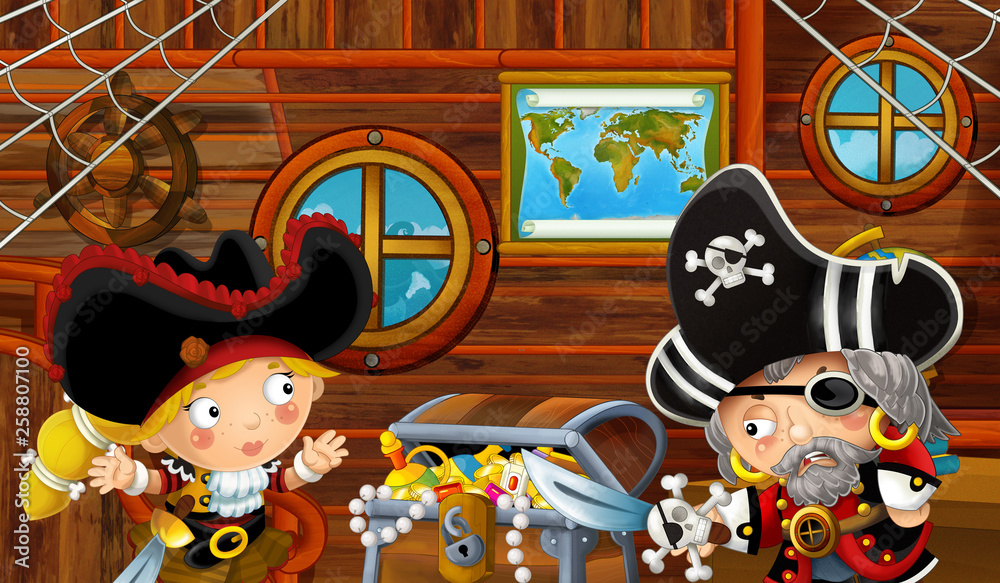 cartoon scene with pirate ship cabin interior with treasure and loving ...