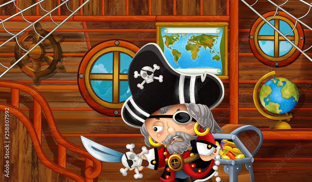 cartoon scene with pirate ship cabin interior with treasure sailing ...
