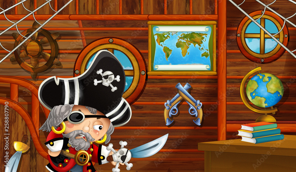 cartoon scene with pirate ship cabin interior sailing through the seas ...