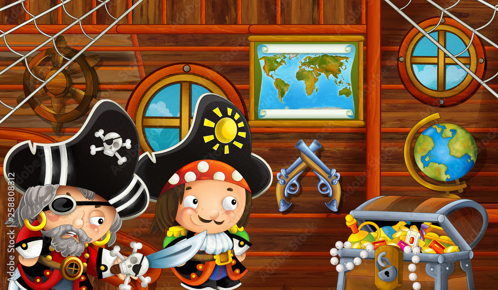 cartoon scene with pirate ship cabin interior with pirate boy sailing ...