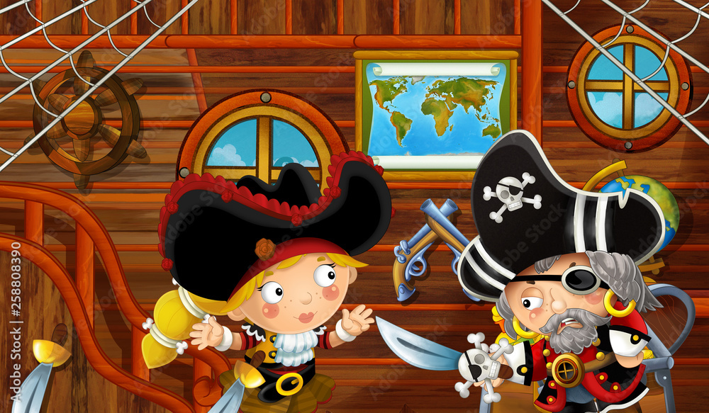 cartoon scene with pirate ship cabin interior with treasure and loving ...
