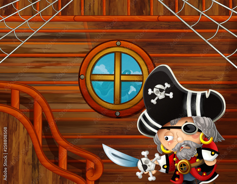 cartoon scene with pirate ship cabin interior sailing through the seas ...