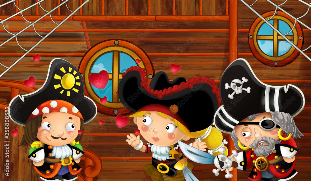 cartoon scene with pirate ship cabin interior with treasure and loving ...