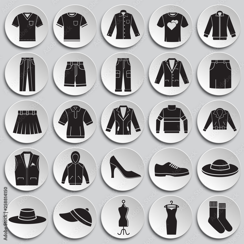 Clothing icons set on plates background for graphic and web design ...