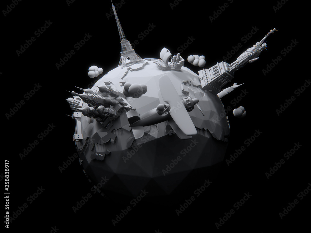 3d render of the planet with architectural landmarks of the world ...