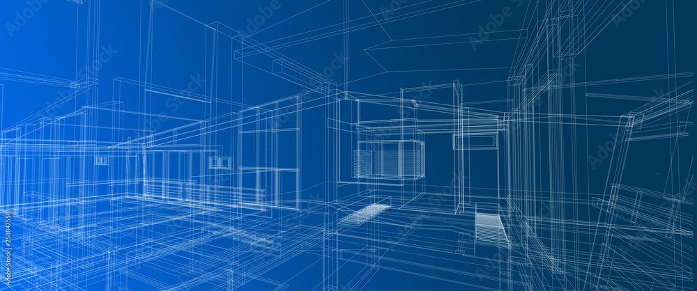 Architecture interior space design concept 3d perspective white wire ...