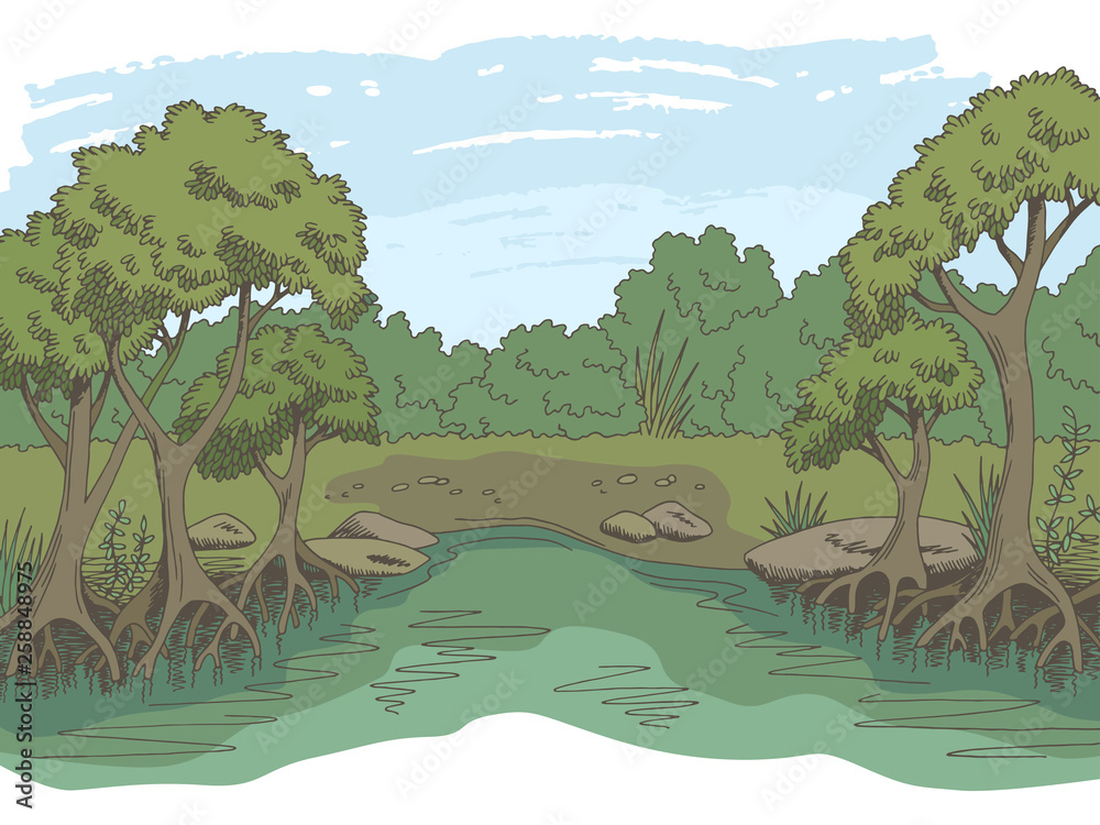 Jungle forest river graphic color landscape sketch illustration vector ...